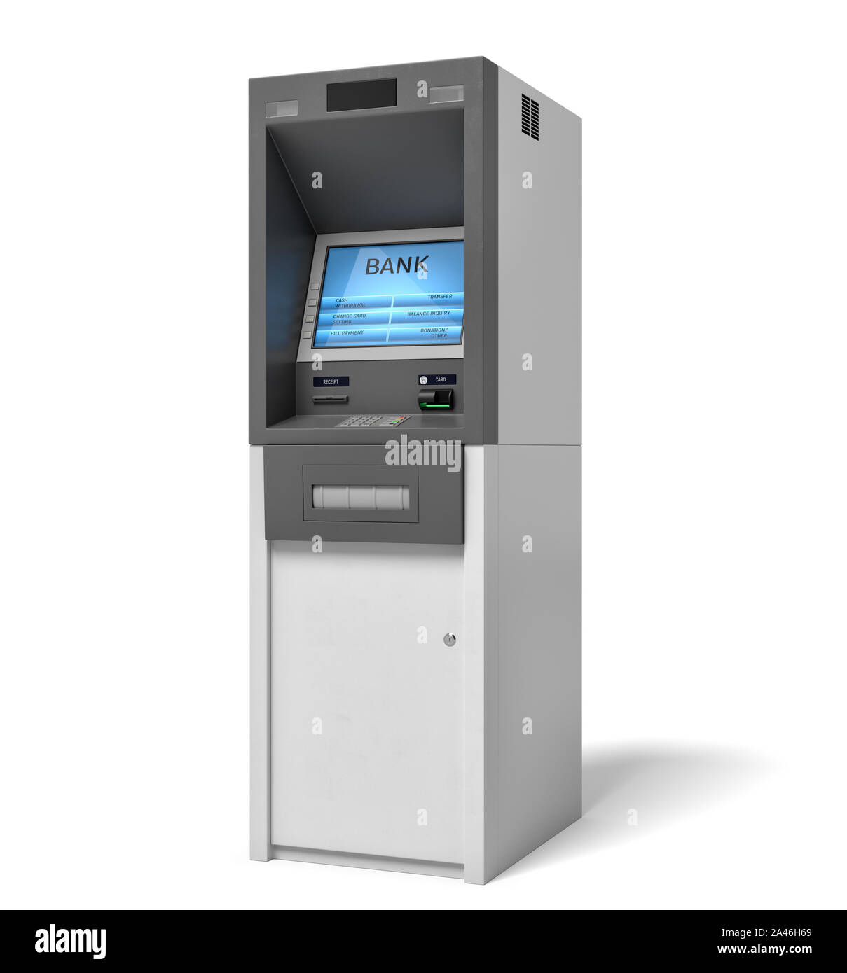 3d rendering of an isolated bank ATM machine with a lit blue screen and some white options ...