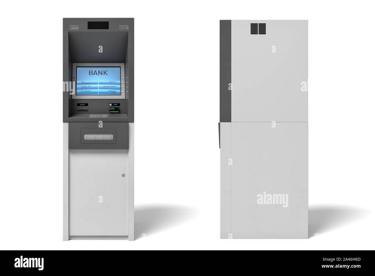 3d rendering of an isolated bank ATM machine with a lit blue screen and some white options ...