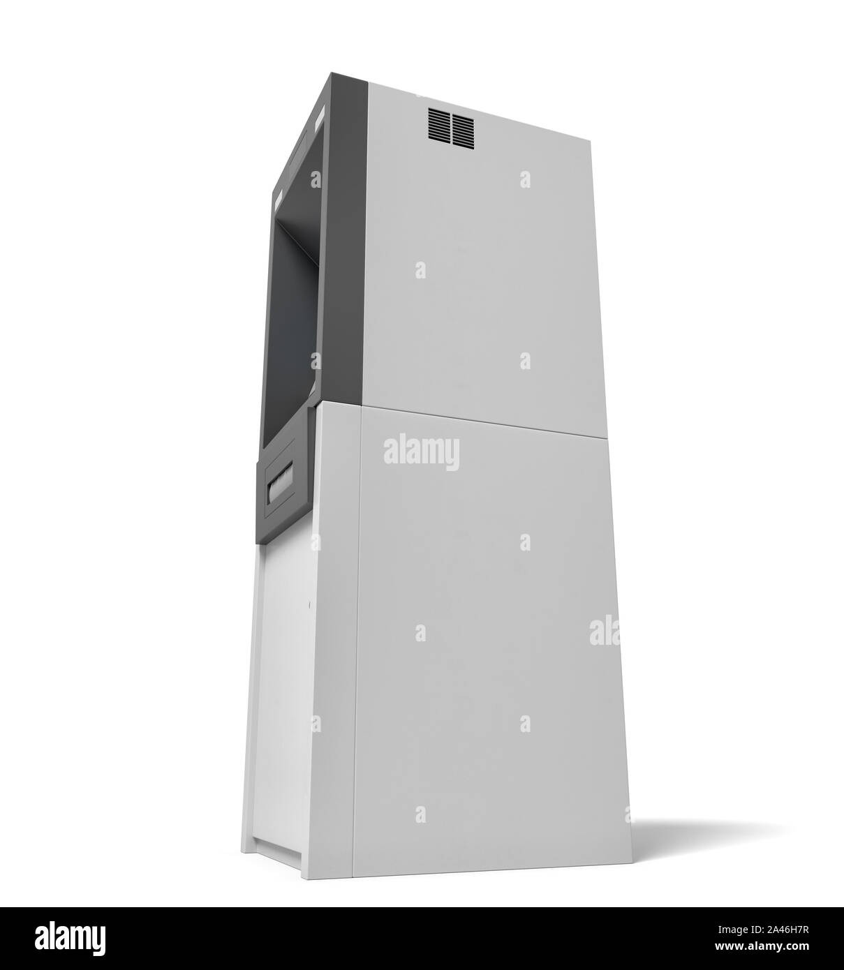 3d rendering of an isolated bank ATM machine with a lit blue screen and some white options ...