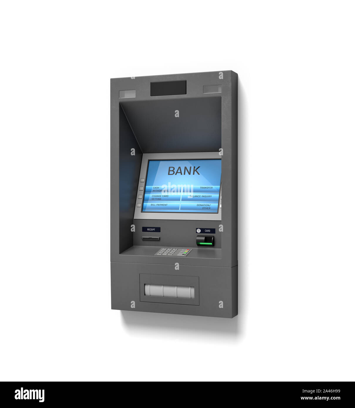 3d rendering of a wall ATM bank machine with a blue screen isolated on white background. Modern ...