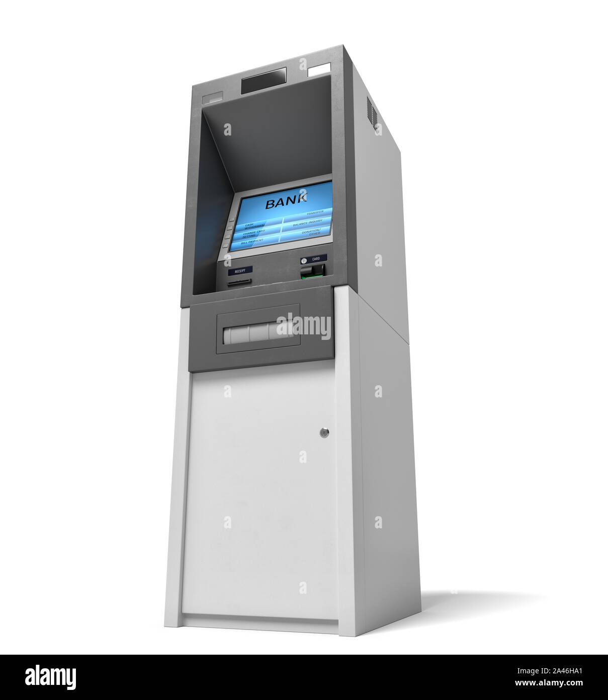 3d rendering of an isolated bank ATM machine with a lit blue screen and some white options ...