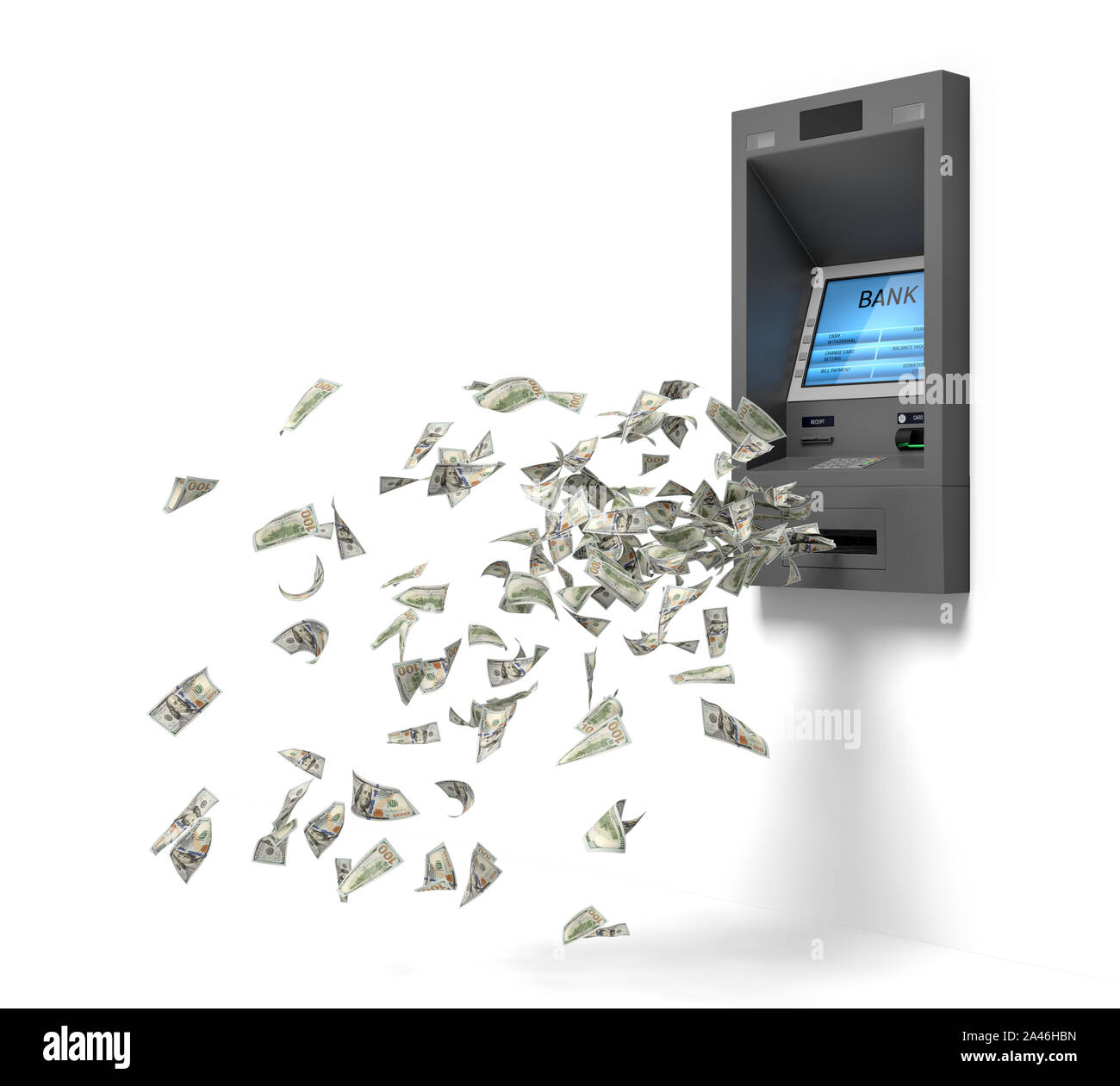 3d rendering of a wall bank ATM machine with green banknotes flying out ...