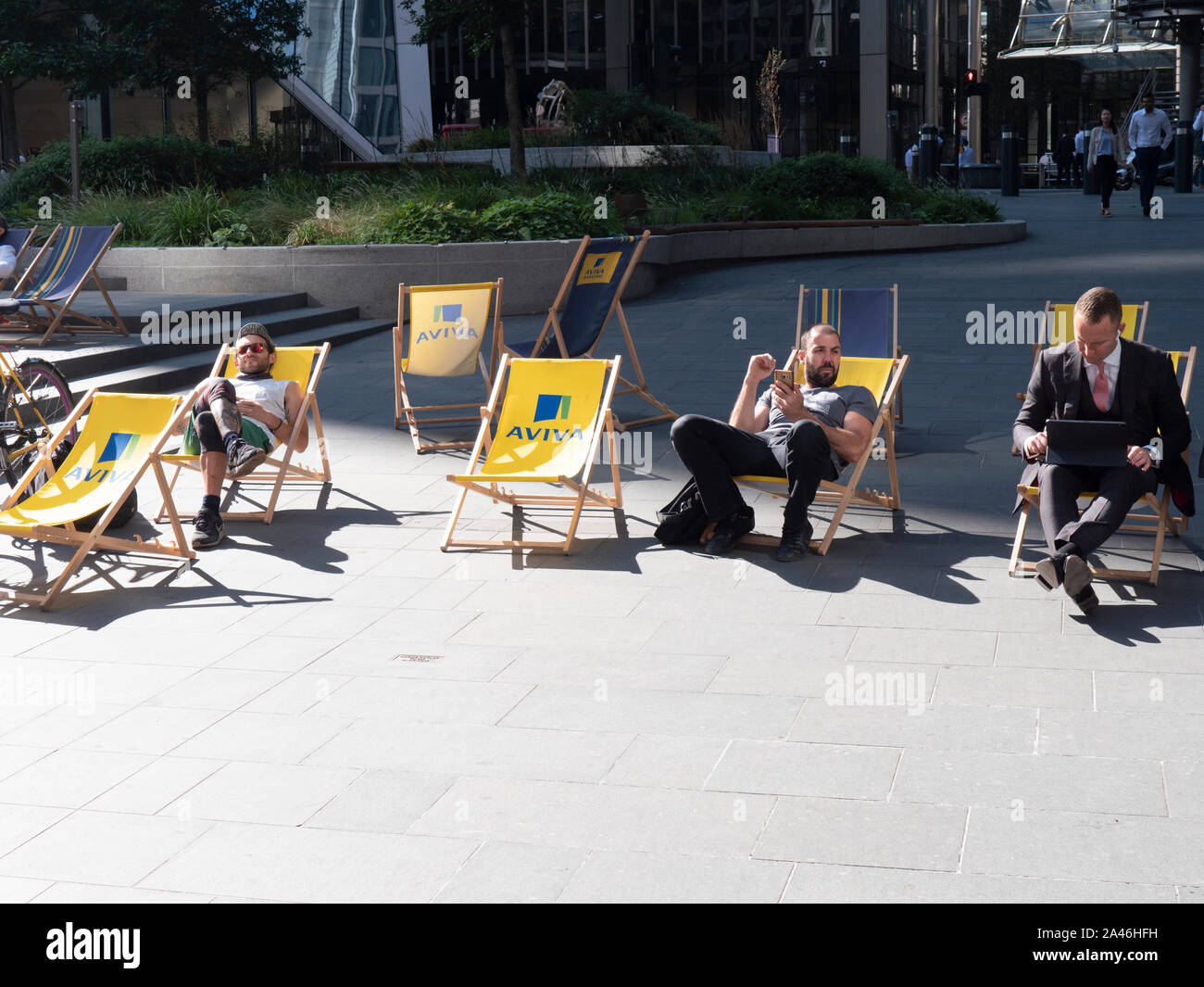 Aviva deckchairs near Fenchurch street London Stock Photo - Alamy
