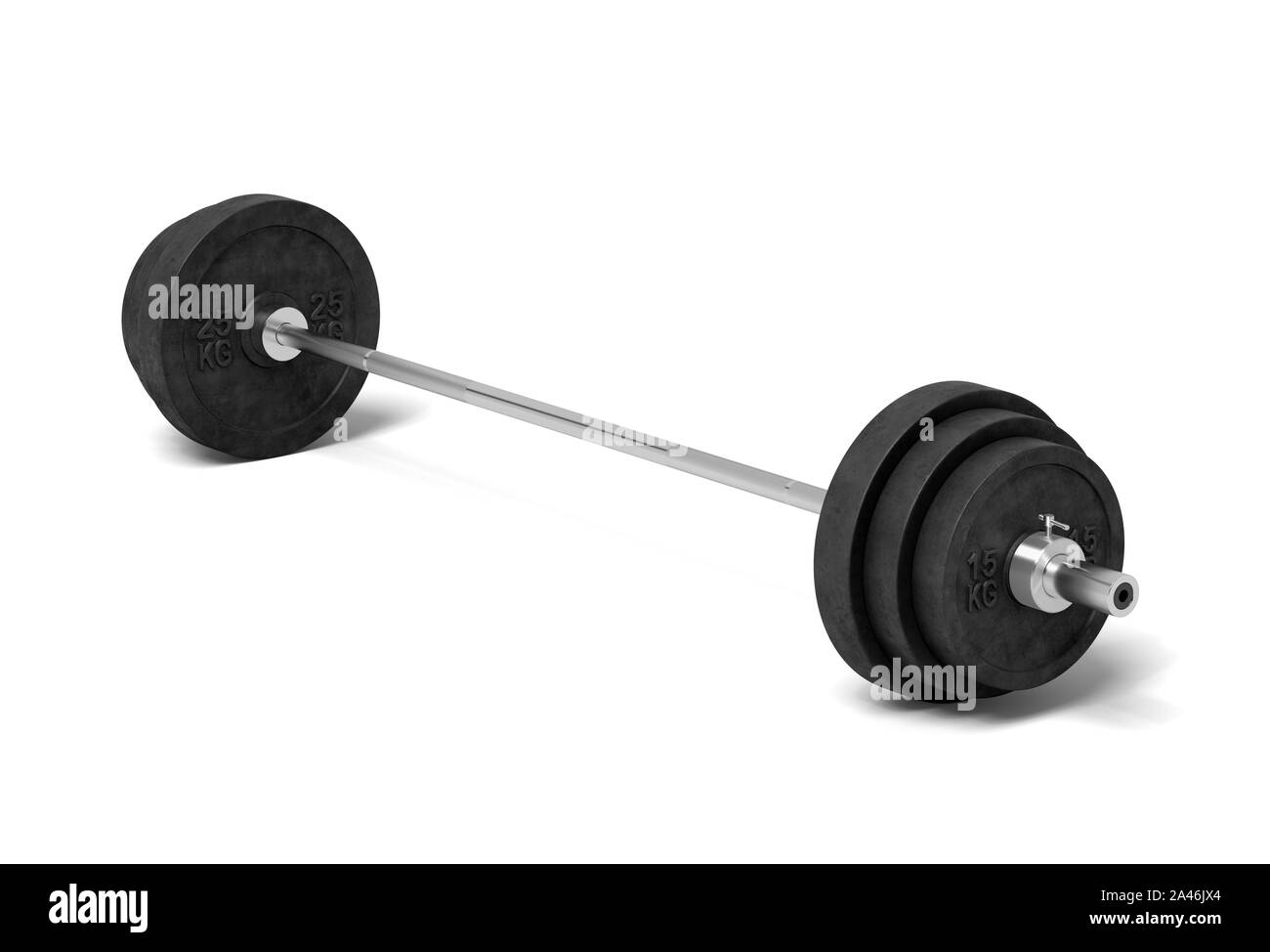 3d rendering of a silver colored metal barbell with several black ...