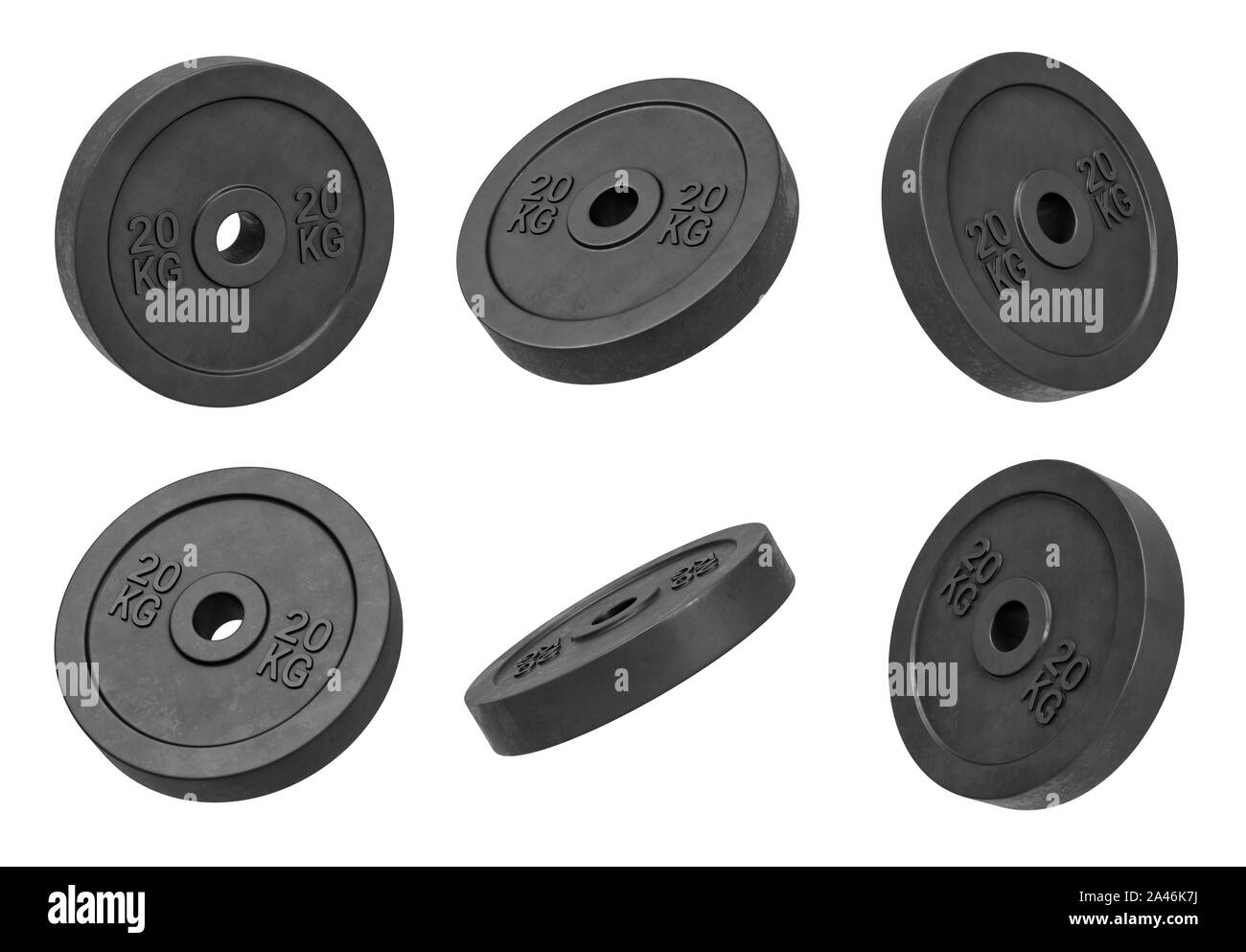 3d rendering of many isolated black 20 kg barbell weights hanging on a ...