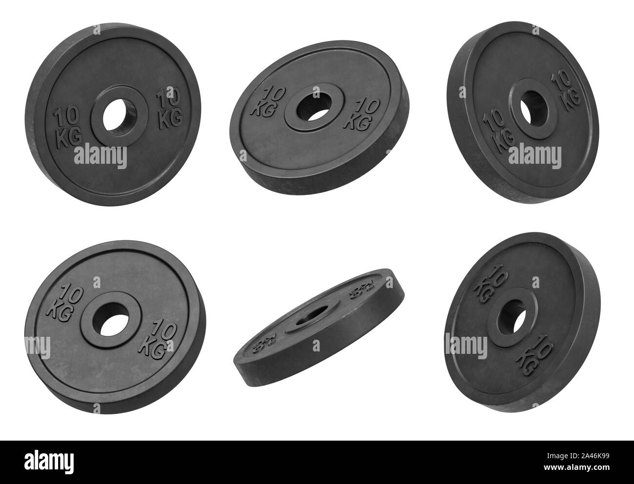 3d rendering of many isolated black 10 kg barbell weights hanging on a ...
