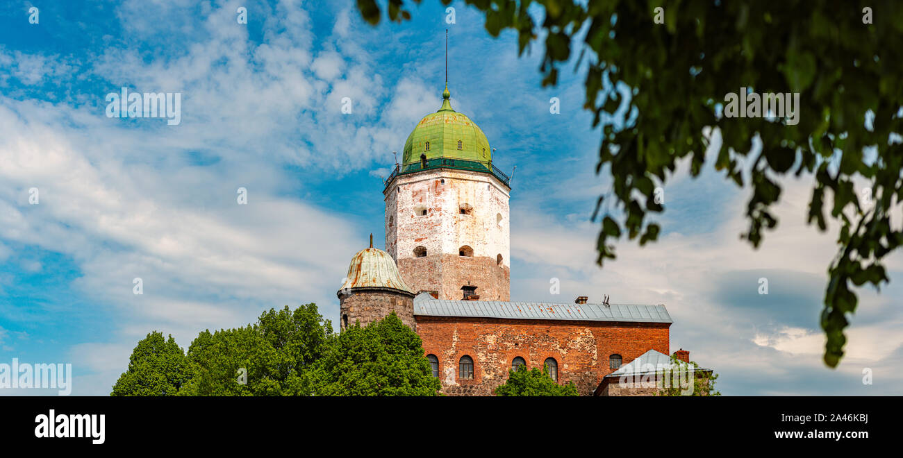 Architecture of old town Vyborg, Russia, Europe. Saint Olaf tower and ...