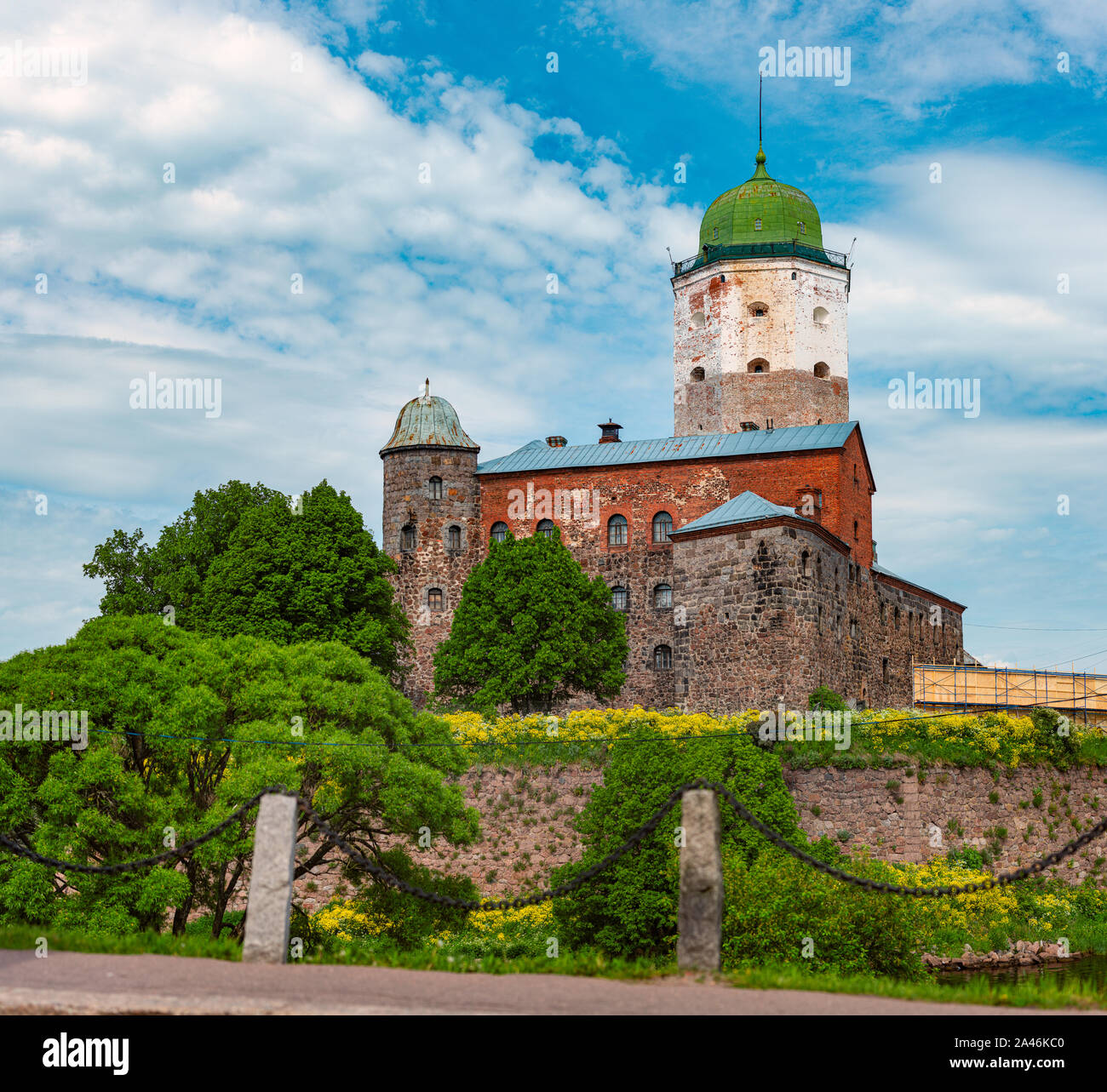 Architecture of old town Vyborg, Russia, Europe. Saint Olaf tower and ...