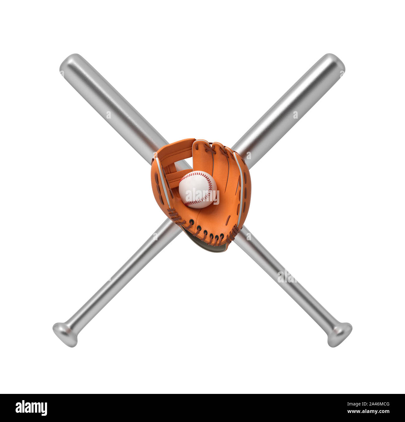 3d rendering of two steel baseball bats making a cross with a baseball ...