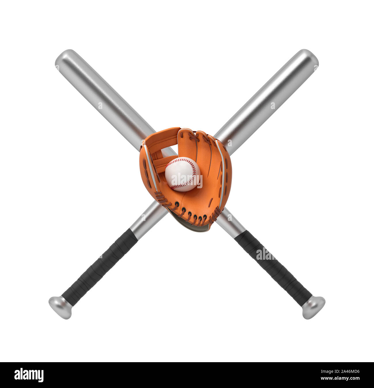 3d rendering of two steel baseball bats making a cross with a baseball ...