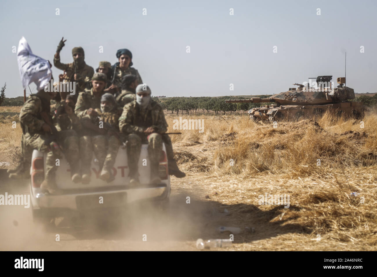 Al Mabrouka, Syria. 12th Oct, 2019. Soldiers of the Turkish-backed ...