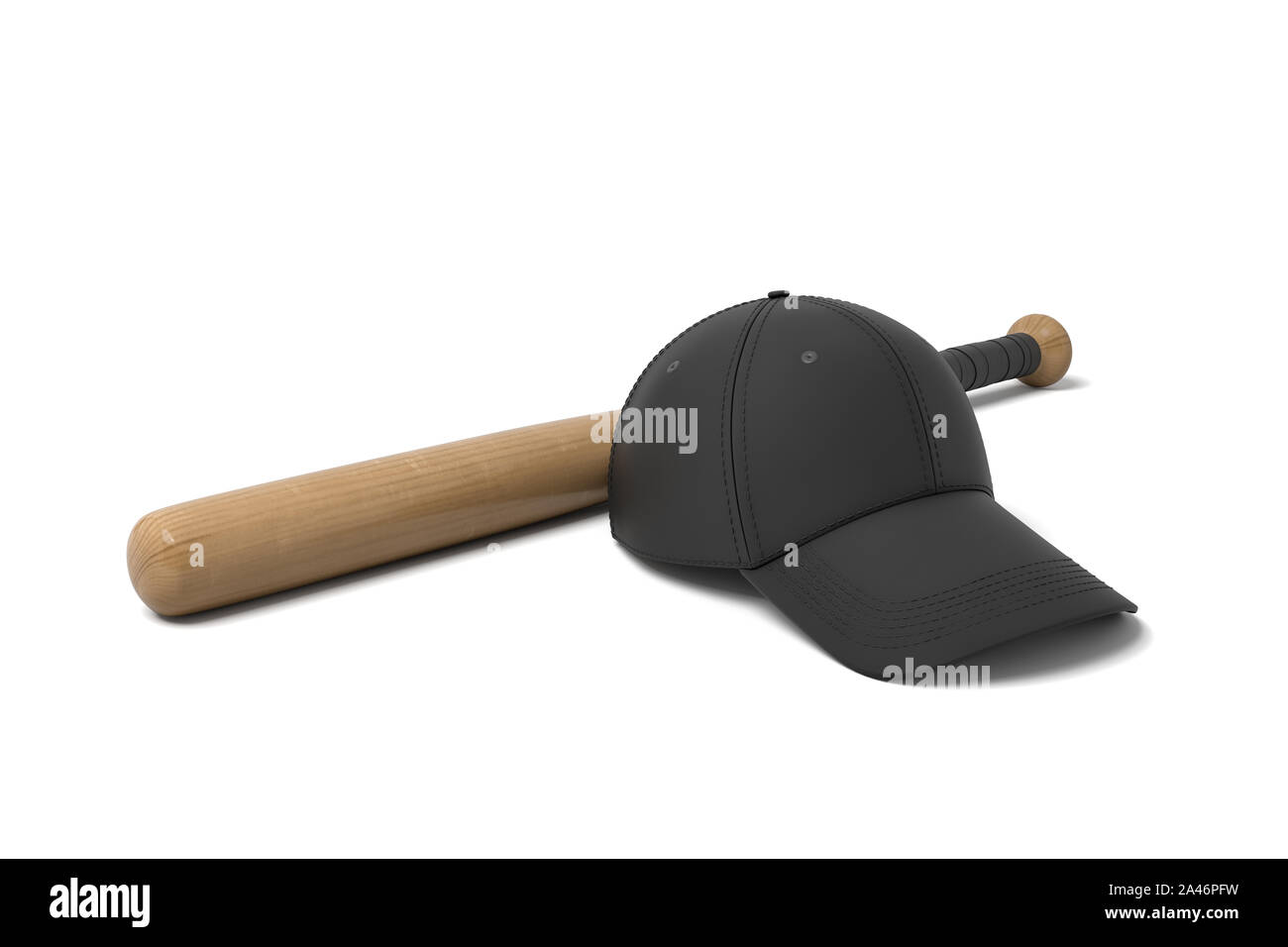 3d rendering of a black baseball cap lying near a wooden bat on a white ...