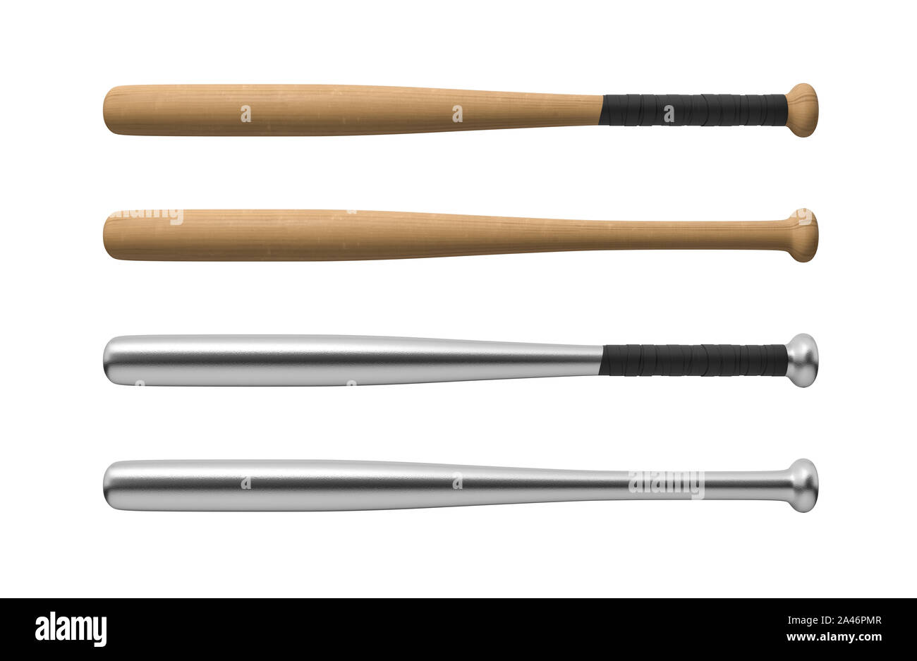 3d rendering of four baseball bats made of wood and steel, with and ...