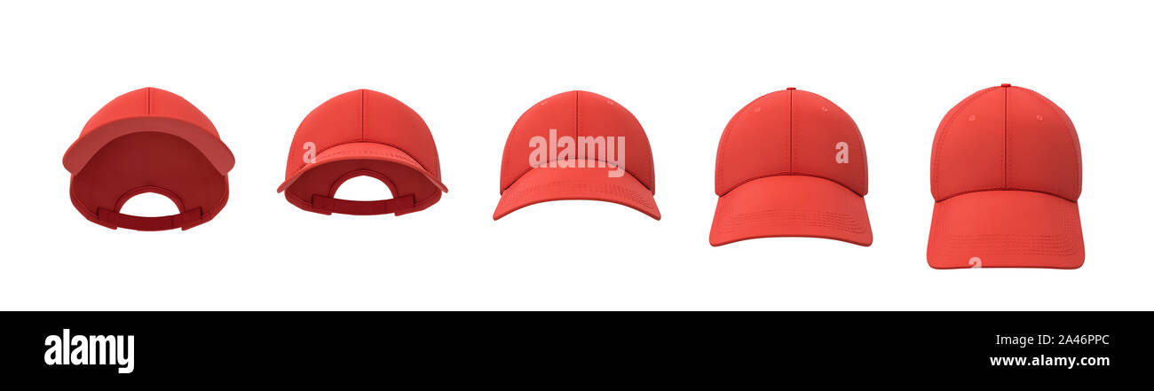 3d rendering of five red baseball caps shown in one line in a front ...