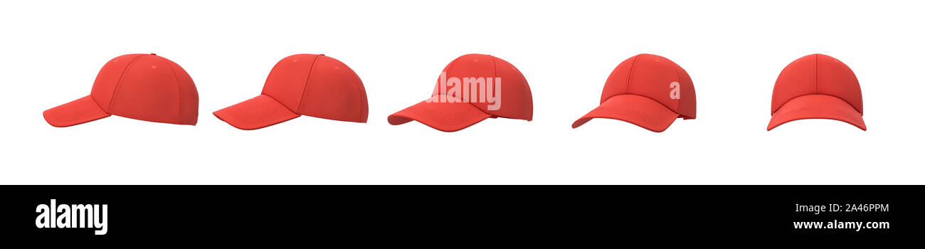 3d rendering of five red baseball caps shown in one line from side to ...