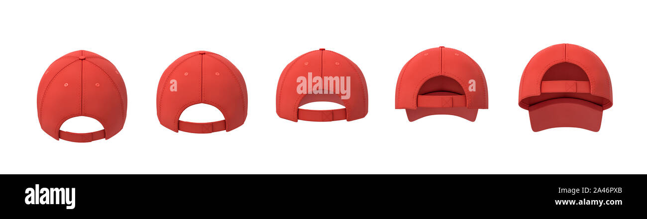 3d rendering of five red baseball caps shown in one line in a back view ...