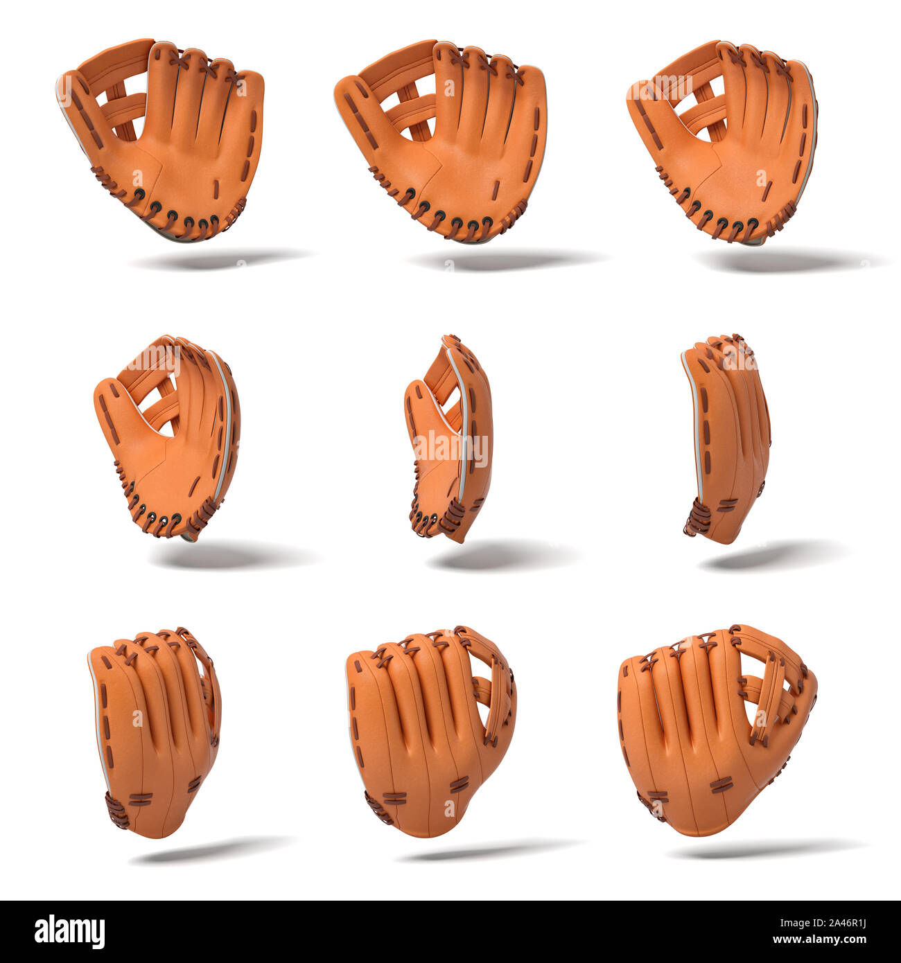 3d rendering of many orange leather baseball gloves in different angles ...