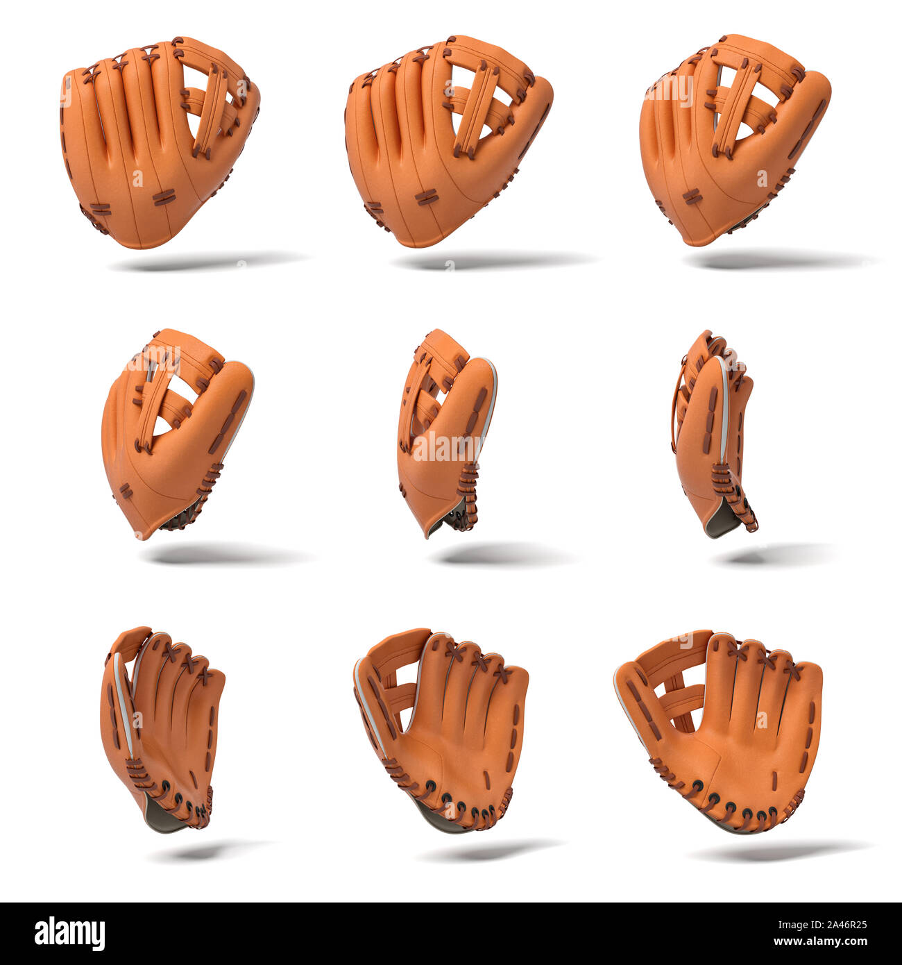 3d rendering of many orange leather baseball gloves in different angles ...