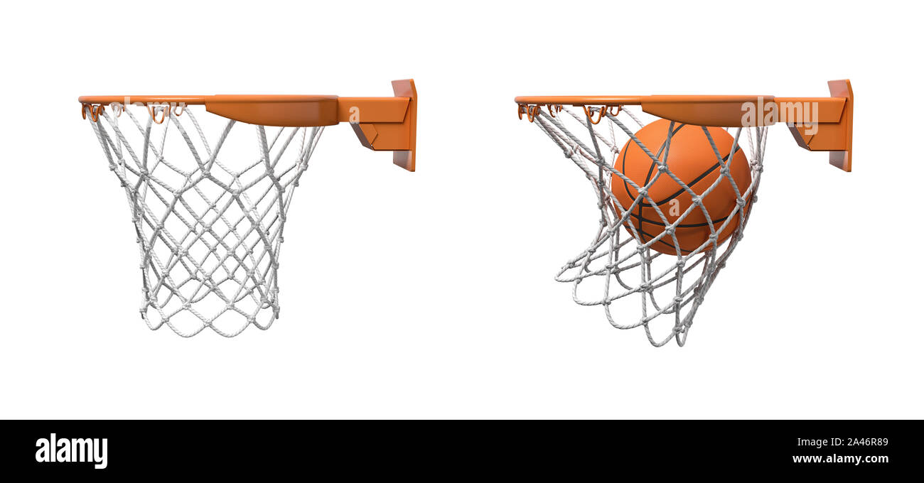 3d rendering of two basketball nets with orange hoops, one empty and ...