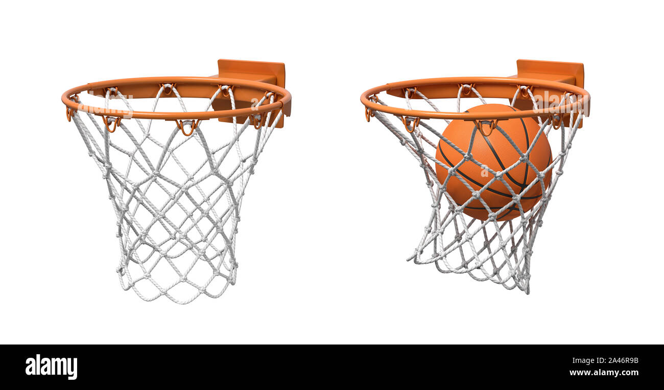 3d rendering of two basketball nets with orange hoops, one empty and ...