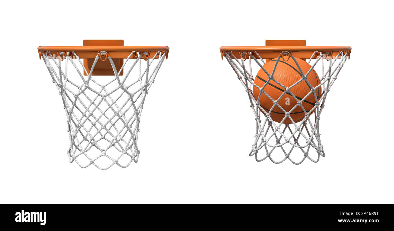 3d rendering of two basketball nets with orange hoops, one empty and ...