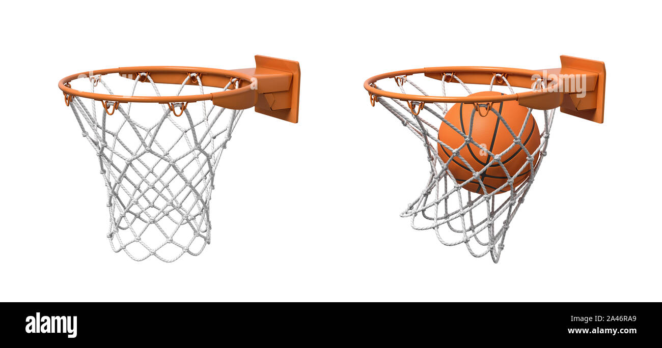 3d rendering of two basketball nets with orange hoops, one empty and ...