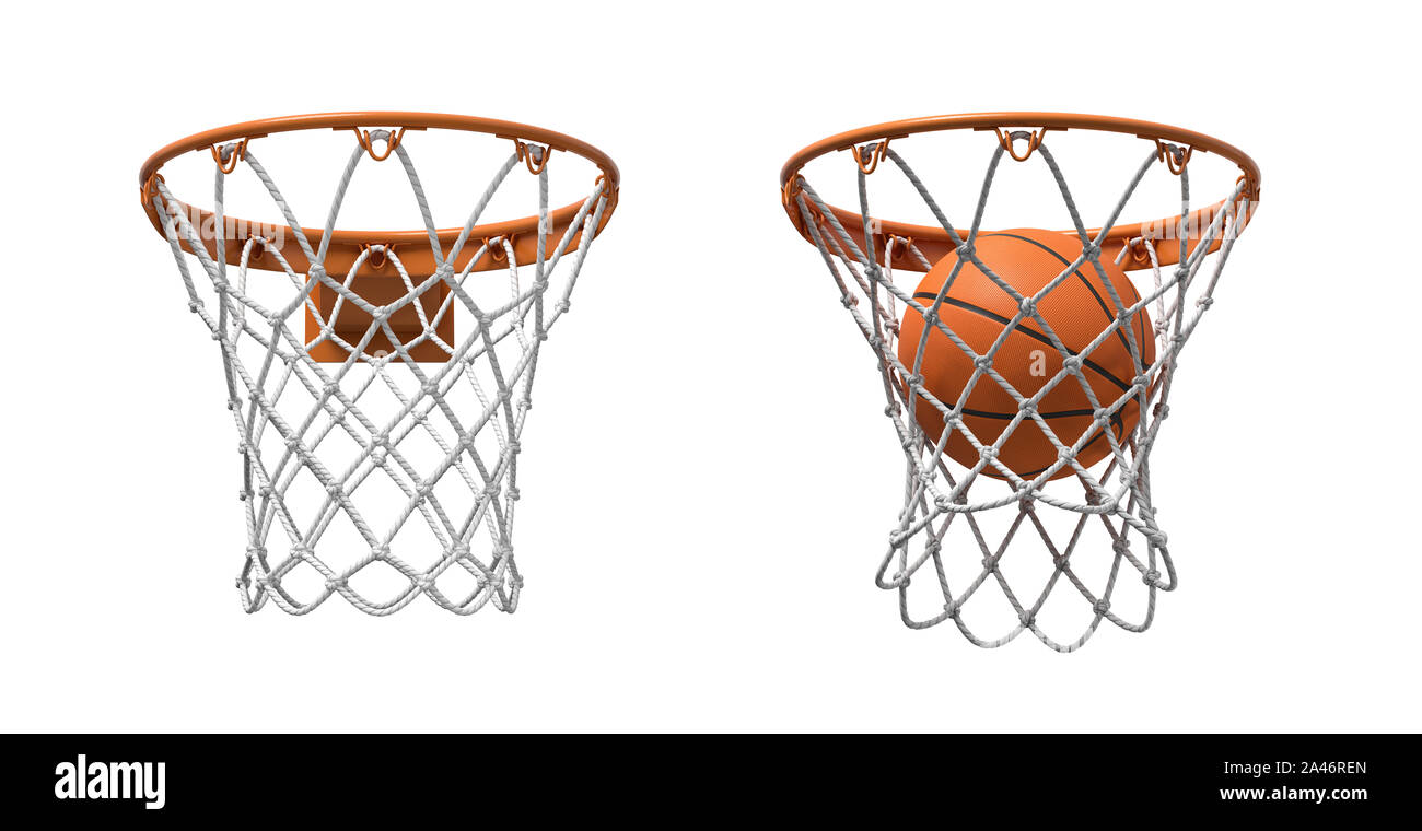 3d rendering of two basketball nets with orange hoops, one empty and ...