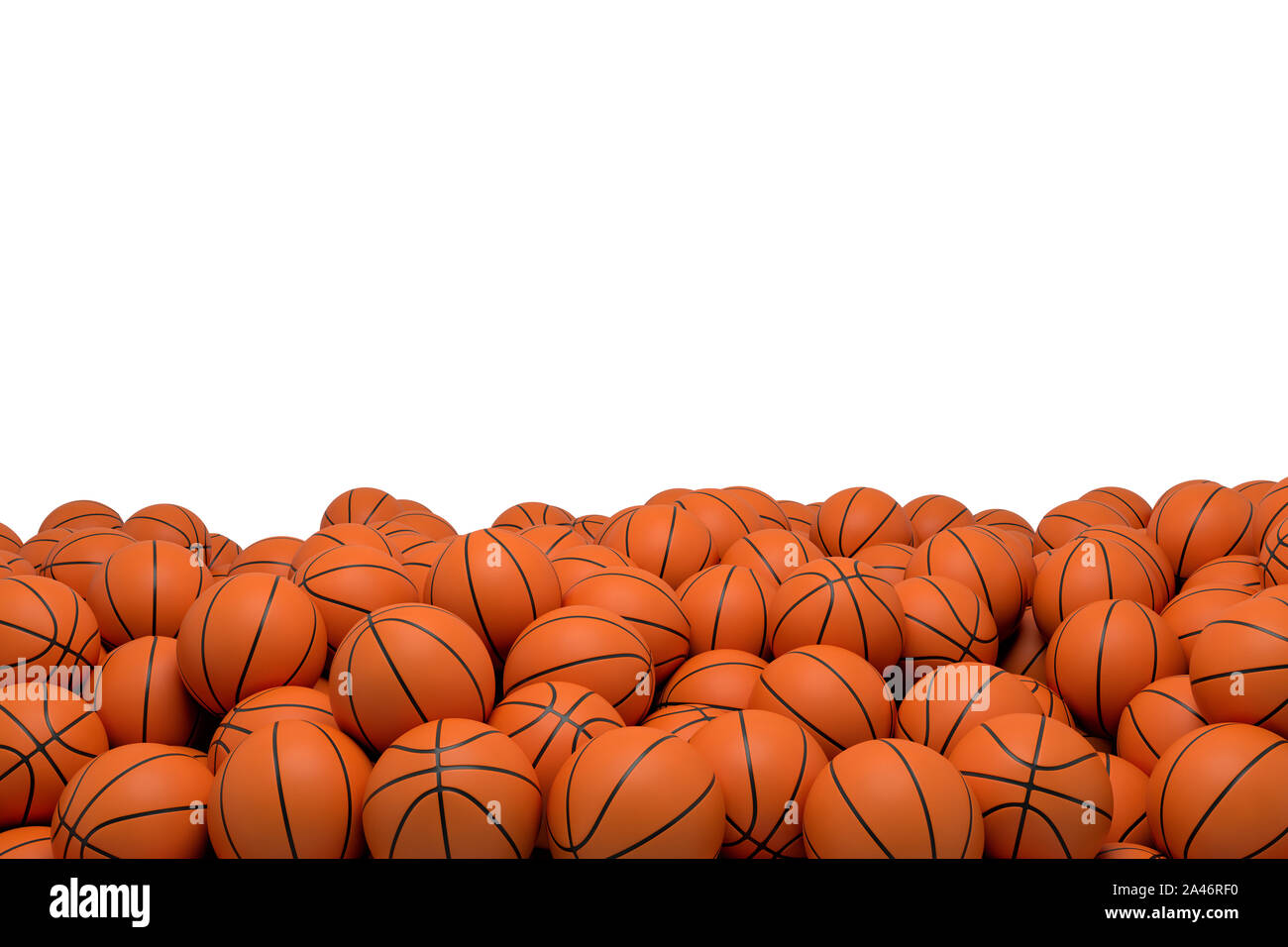 3d rendering of many basketball balls lying in a huge pile on a white ...
