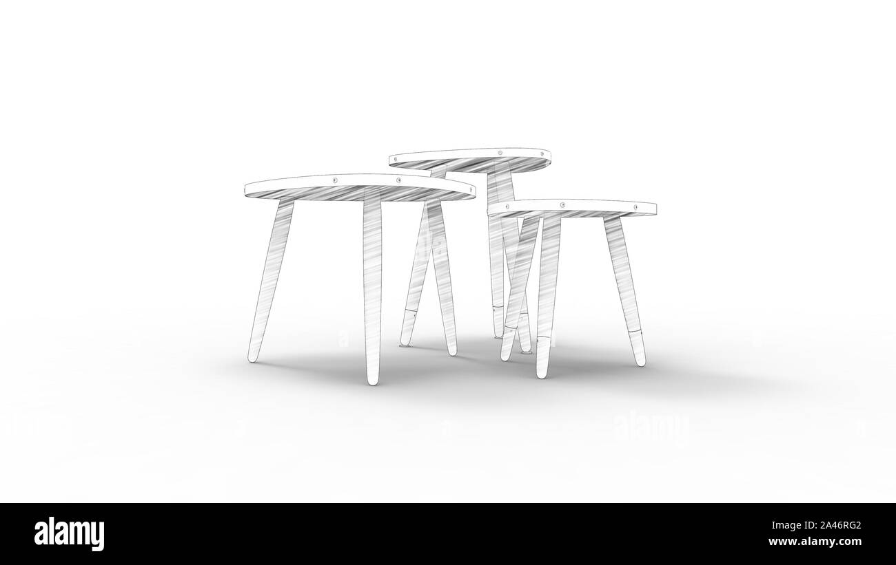 3d rendering of three sketched coffee tables isolated in white ...