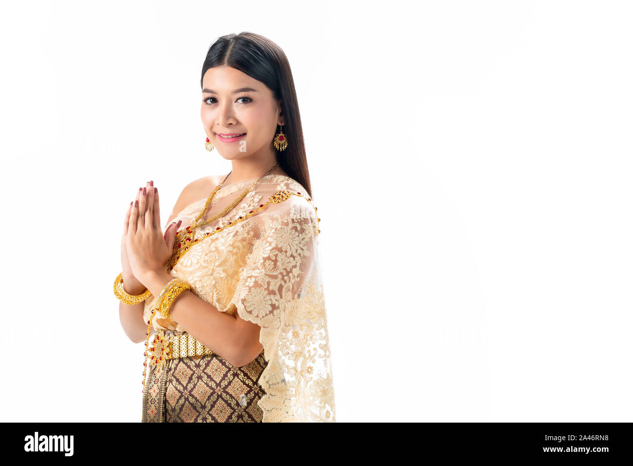 Beautiful woman pay respect in national traditional costume of Thailand ...