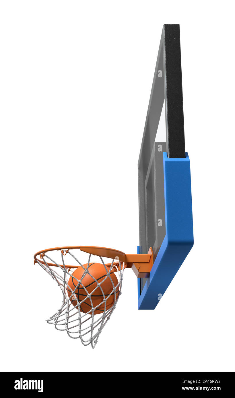 3d rendering of a basketball ball falling inside a basket attached to a ...