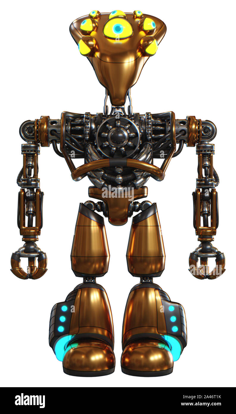 Droid containing elements: flat elongated skull head, yellow eyeball ...