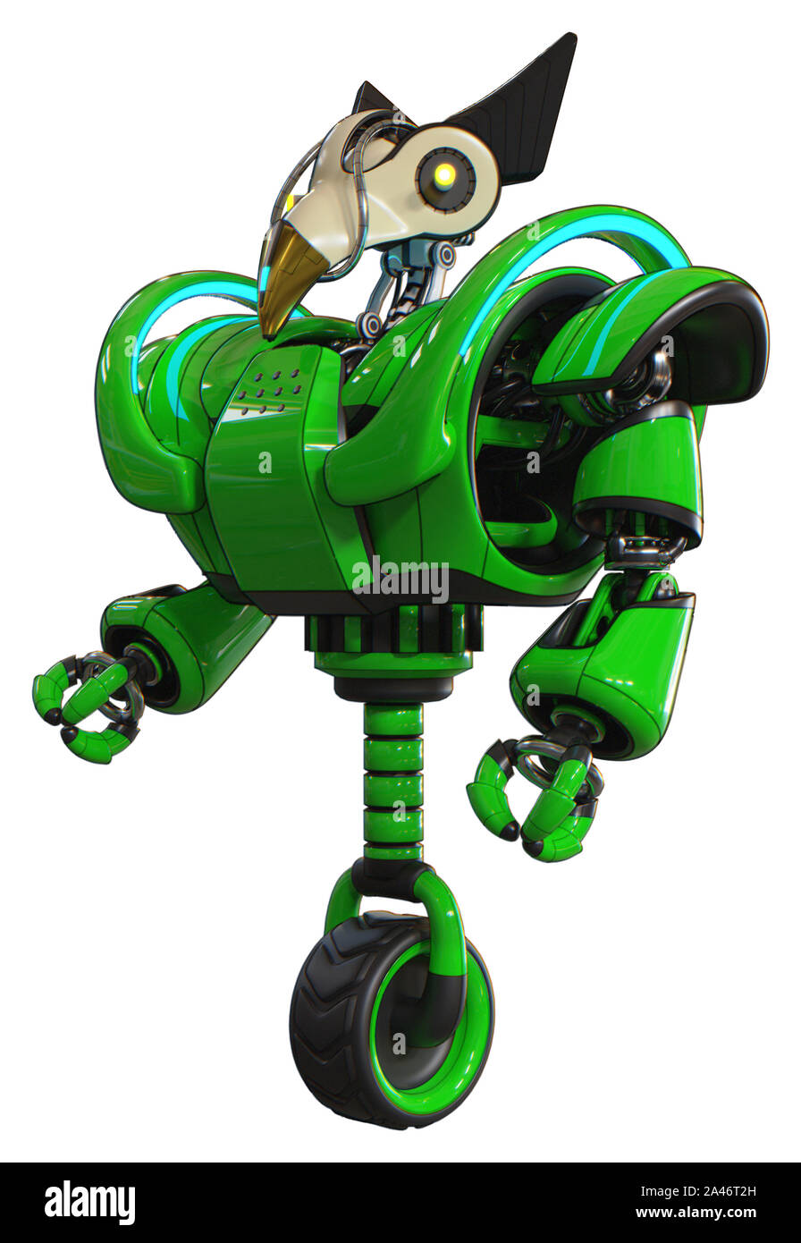 Cyborg containing elements: bird skull head, yellow led protruding eyes ...