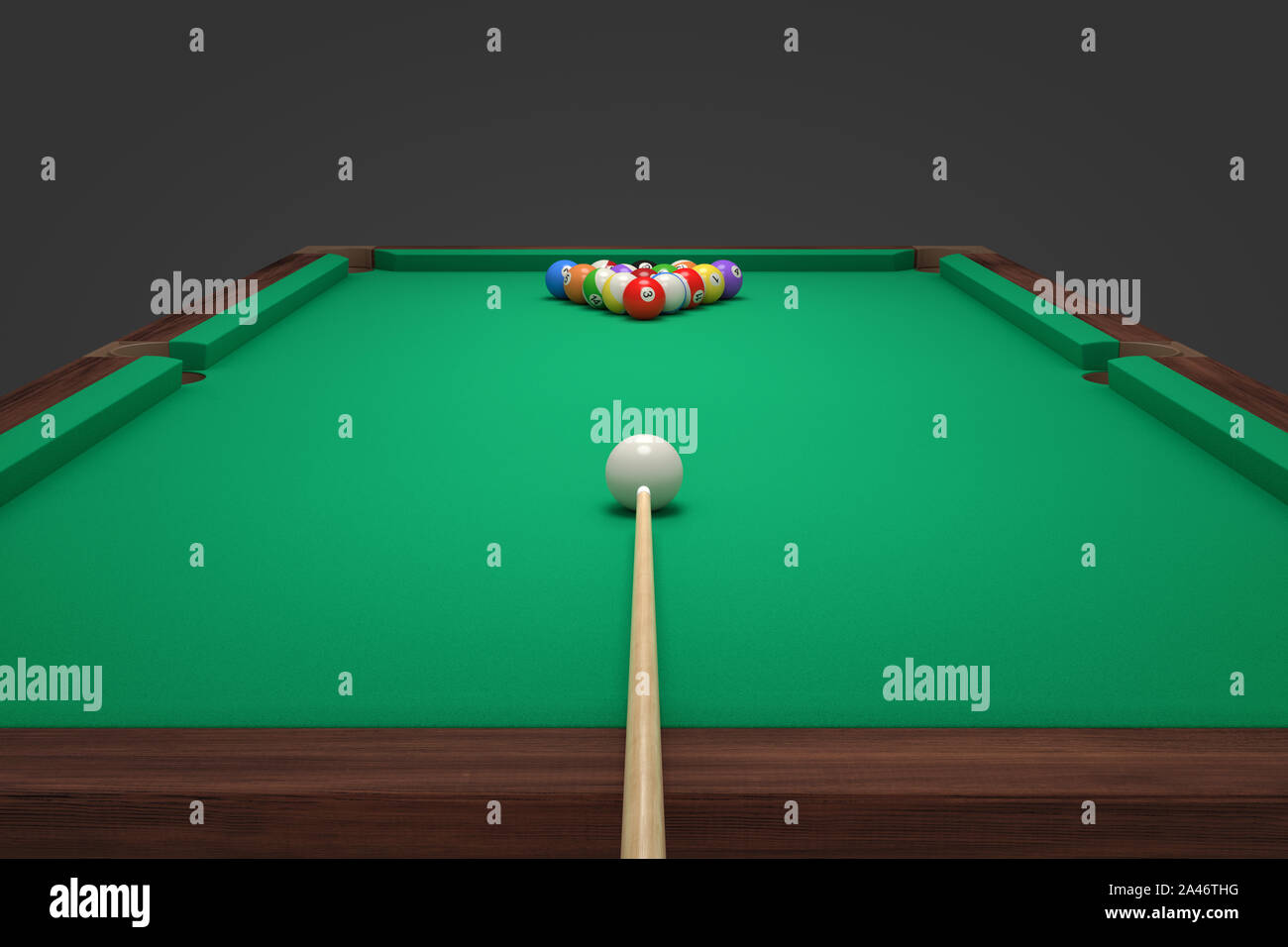 3d rendering of a cue stick ready to hit a single ball facing many ...