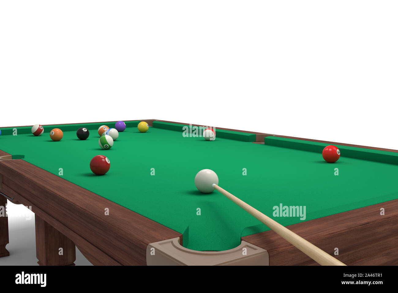 3d rendering of a pool table with a cue stick aiming from the corner ...