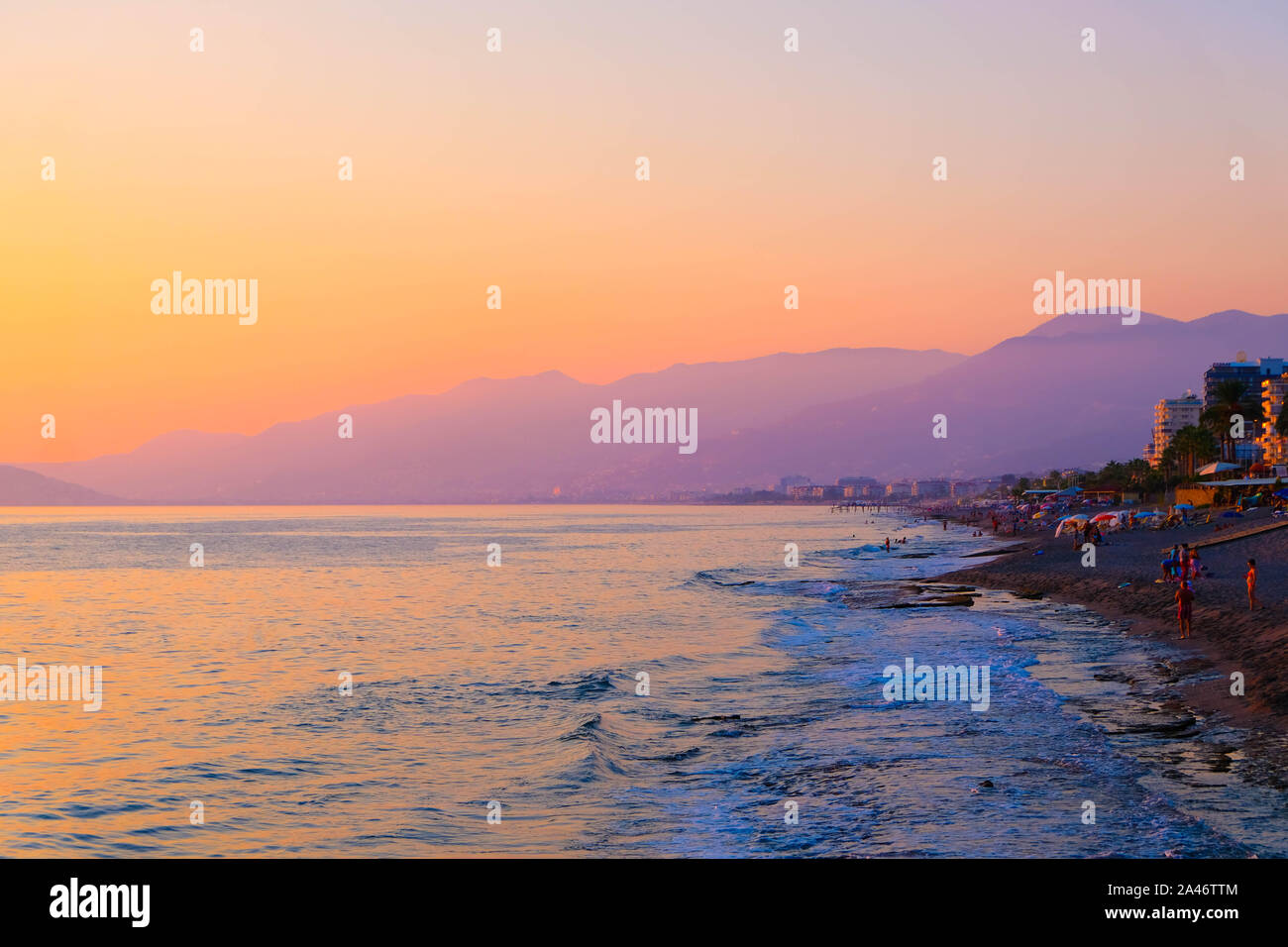 Alanya/Turkey - August 29, 2019: Beautiful sunset view of Incekum beach ...