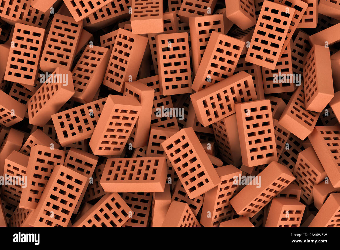 3d rendering of a huge amount of red face bricks lying together in ...