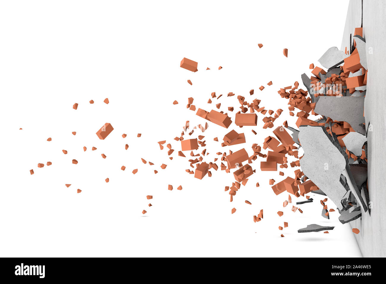 3d rendering of a concrete broken wall with rusty red bricks and their ...
