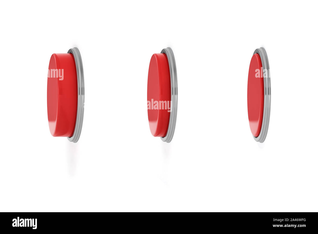3d rendering of a set of three red round buttons in different stages of ...