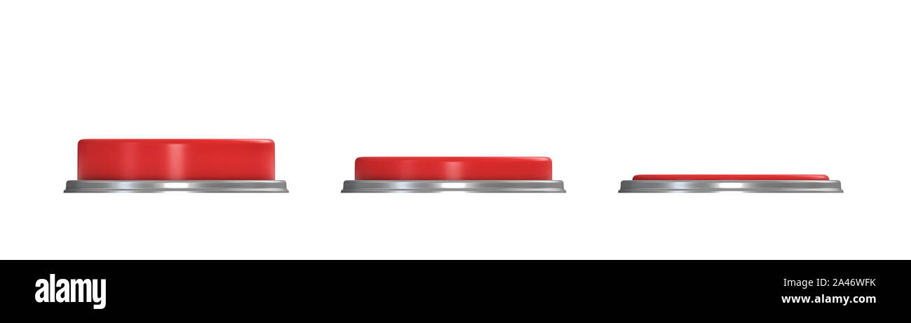 3d rendering of a set of three red round buttons in different stages of ...