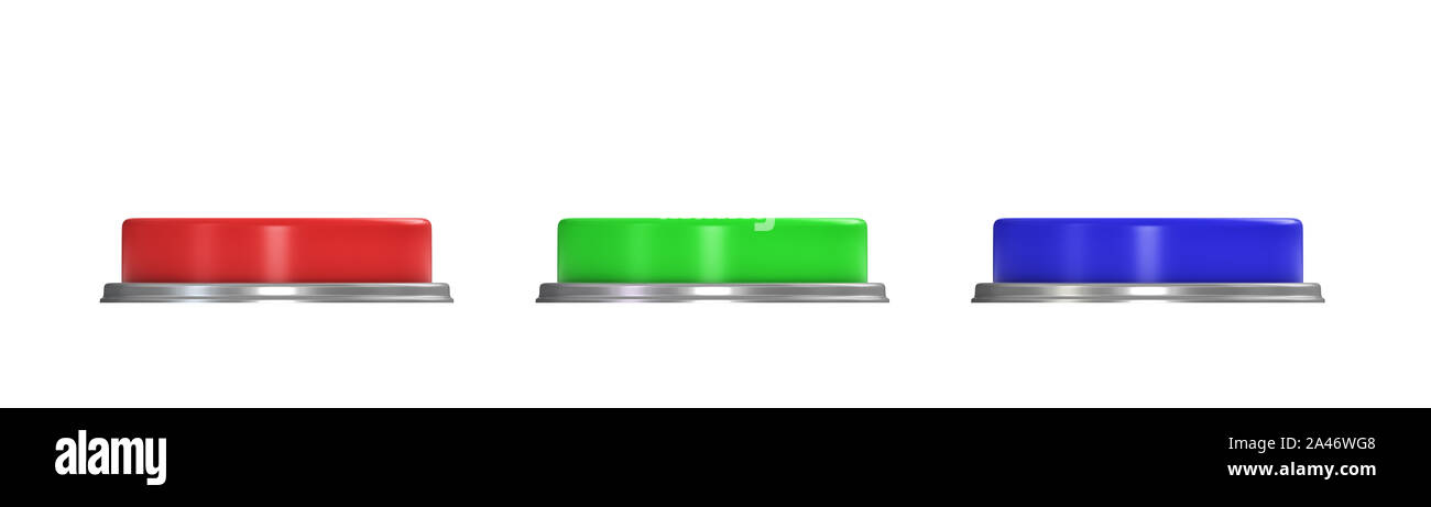 3d rendering of three colorful push buttons, a red, a blue and a green ...