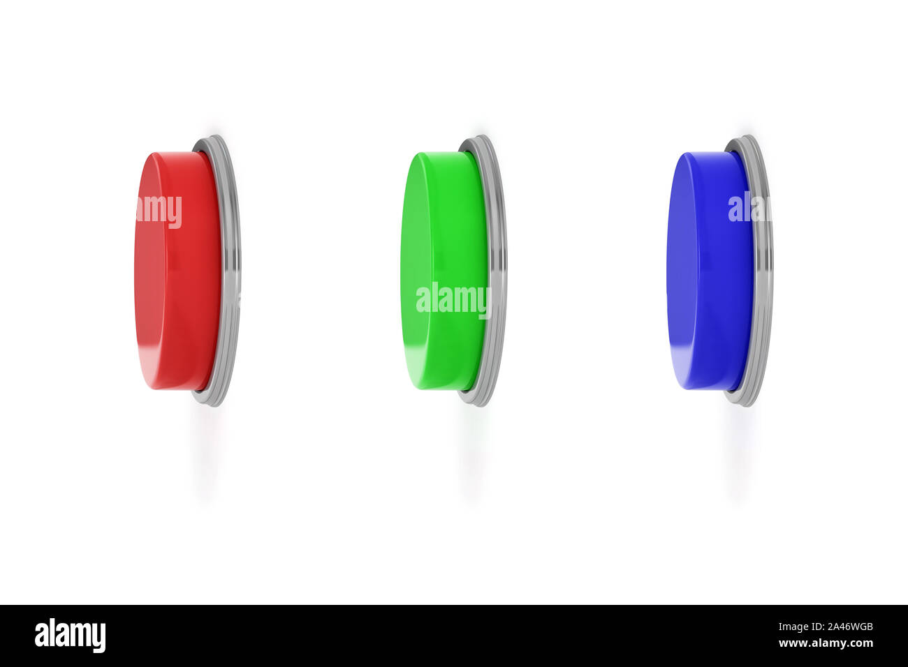 3d rendering of three colorful push buttons, a red, a blue and a green ...