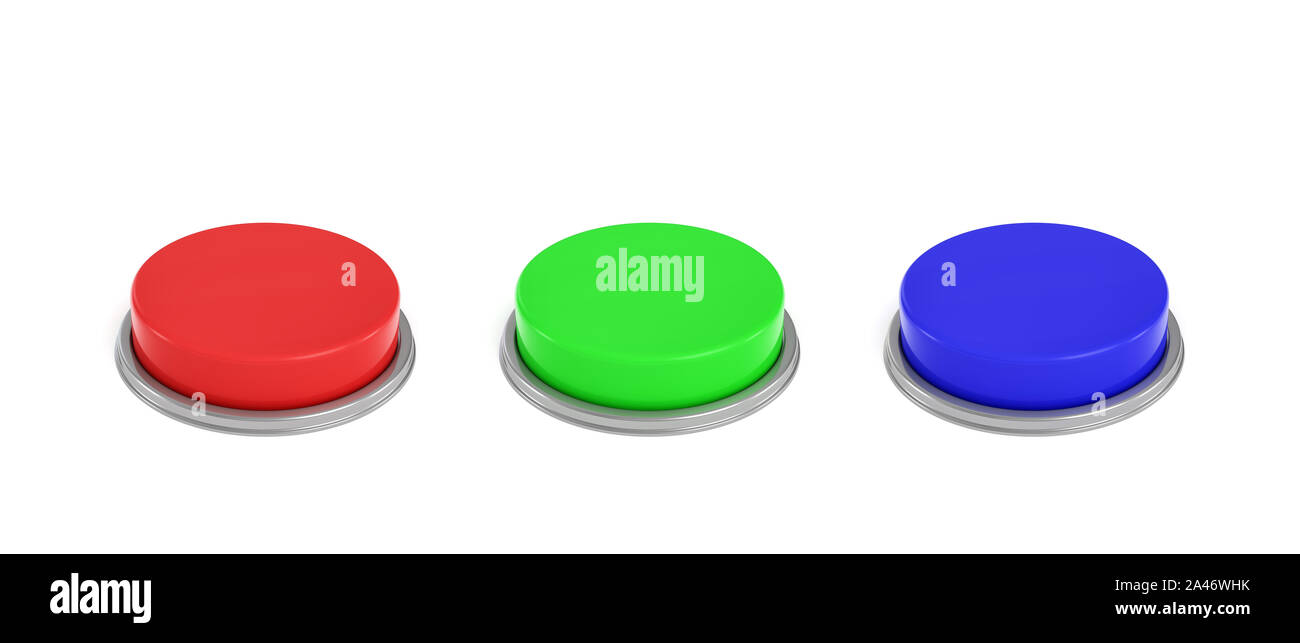 3d rendering of three colorful push buttons, a red, a blue and a green ...