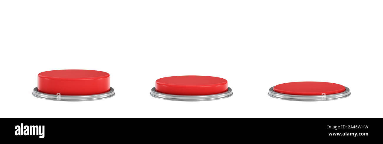 3d rendering of a set of three red round buttons in different stages of ...