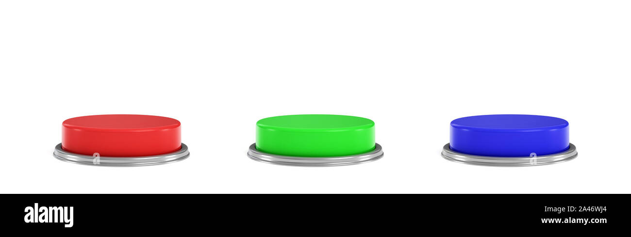 3d rendering of three colorful push buttons, a red, a blue and a green ...