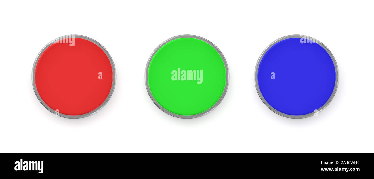 3d rendering of three colorful push buttons, a red, a blue and a green ...