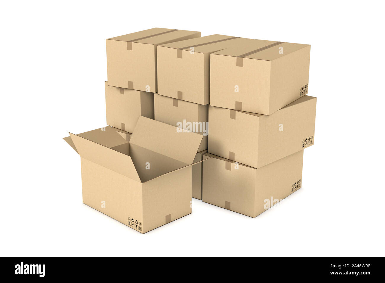 3d rendering of a pile of light beige mail cardboard boxes put together ...