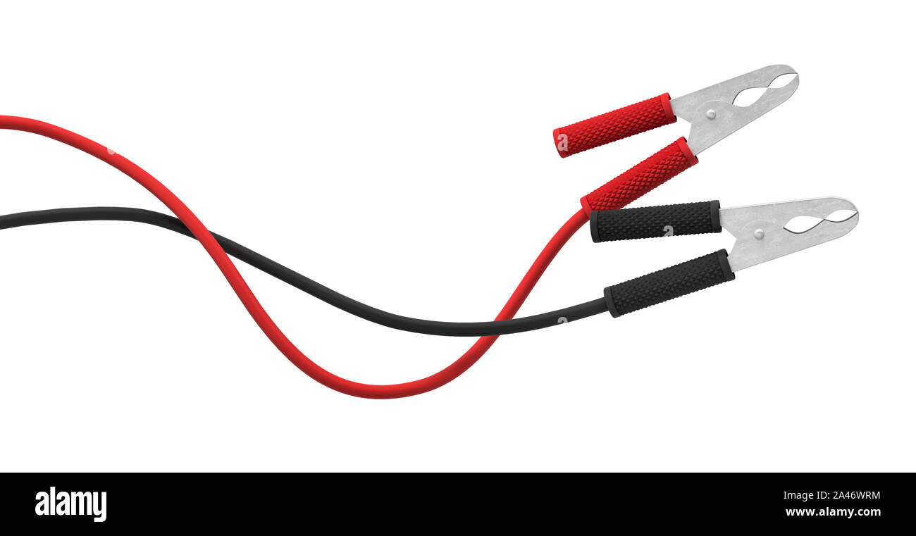 3d rendering of two sets of red and black car battery clamps connected ...