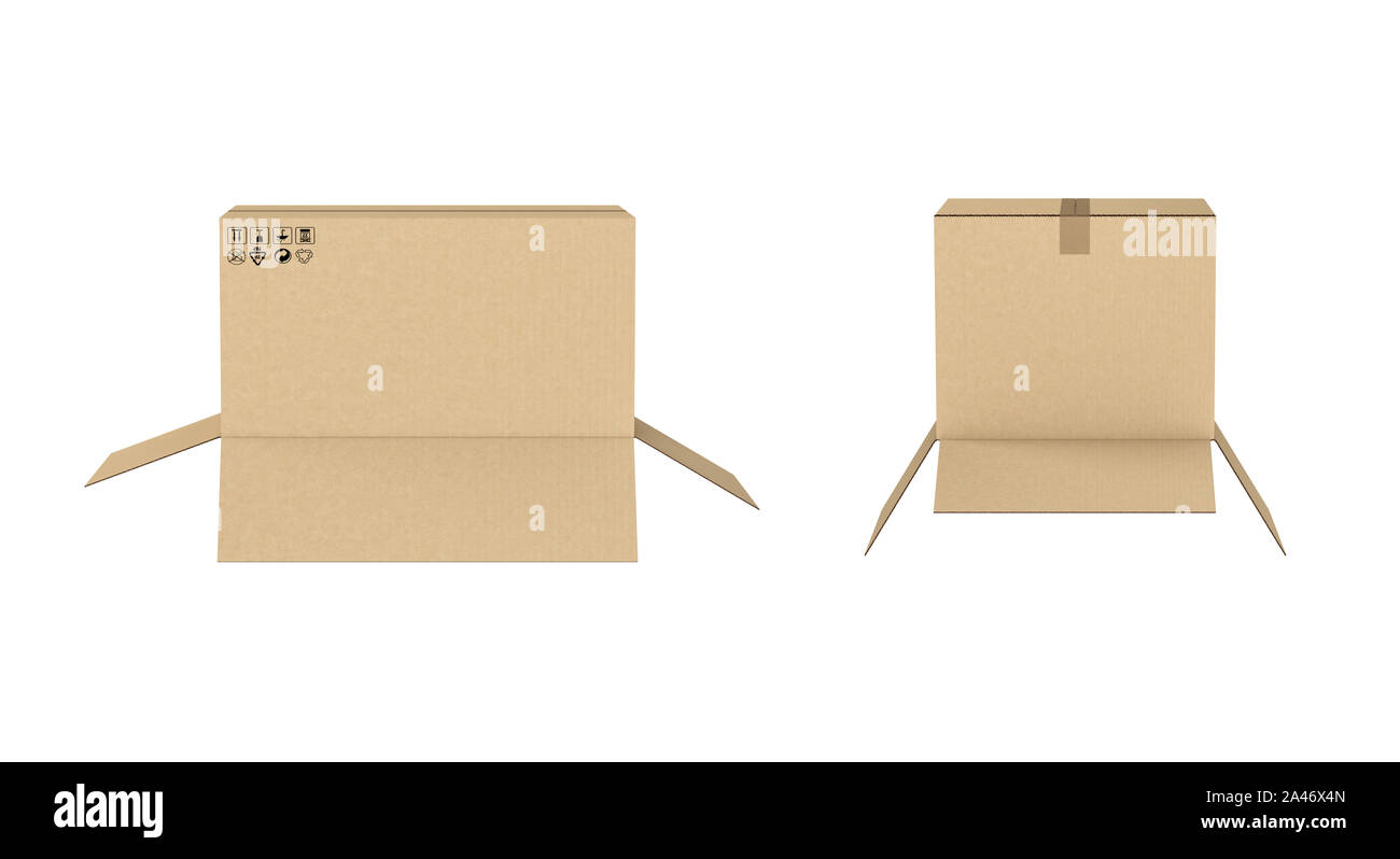3d rendering of two open cardboard boxes of different size isolated on ...