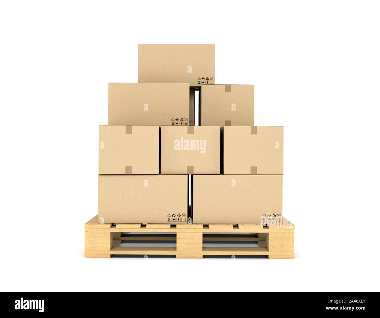 3d rendering of several carton boxes stacked evenly on a double-decked ...